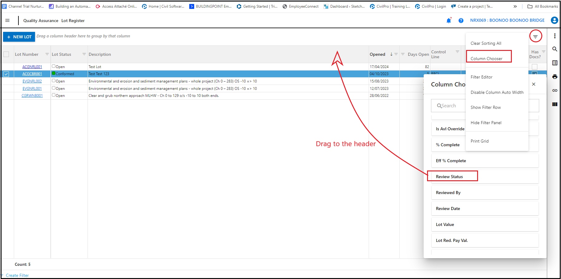 Manage Lot Status Using Lot Review – CivilPro