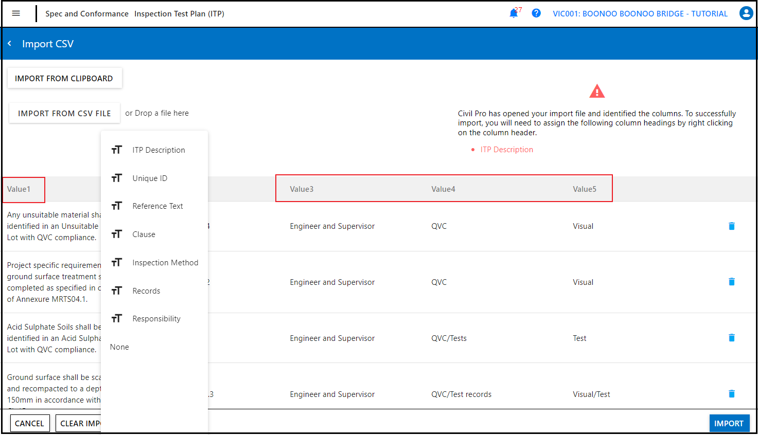 Import ITP from CSV files – CivilPro