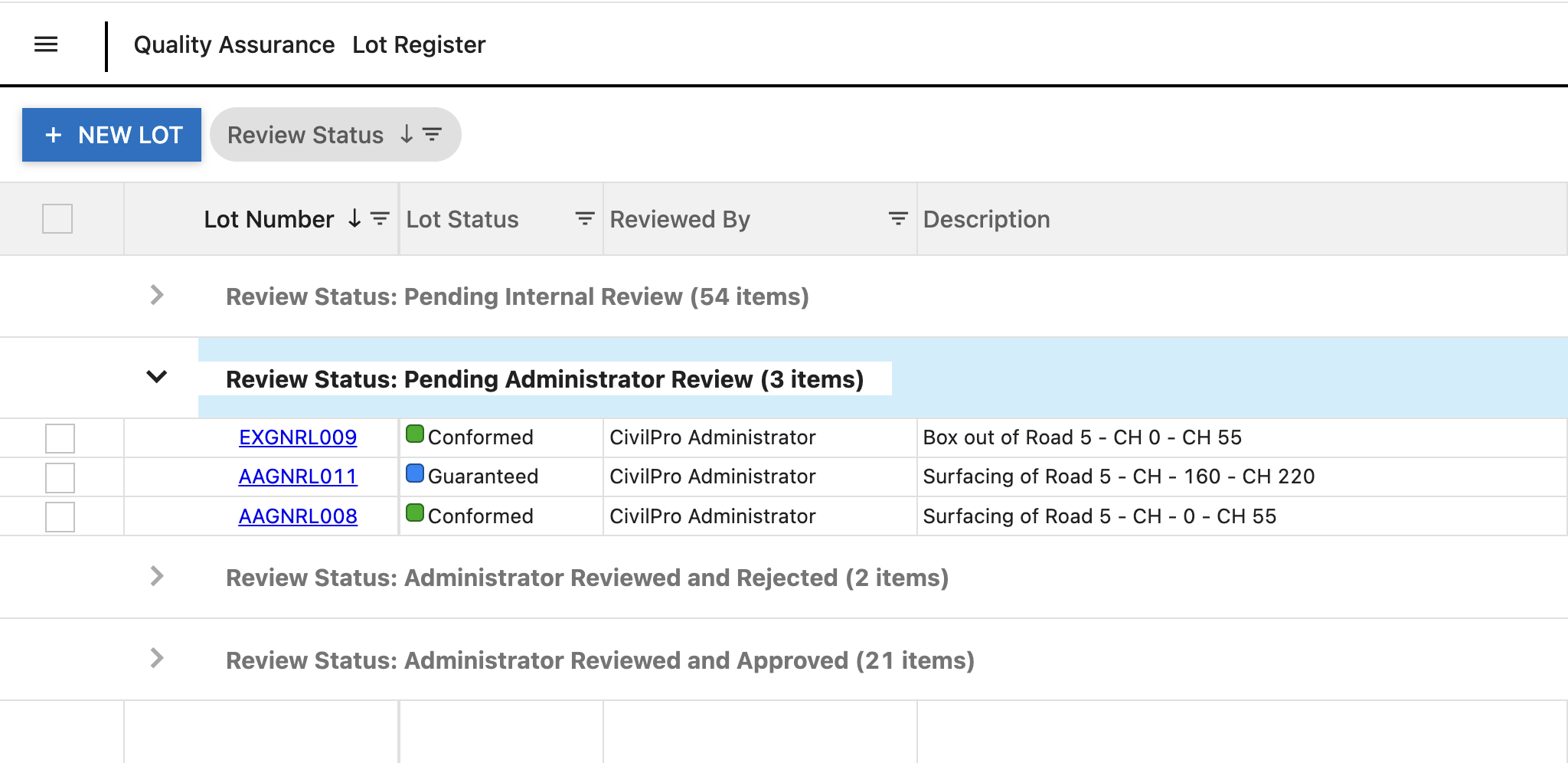 Manage Lot Status Using Lot Review – CivilPro
