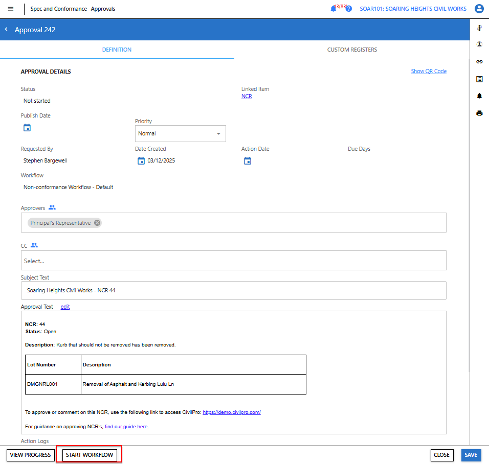 Request Approval for NCR – CivilPro